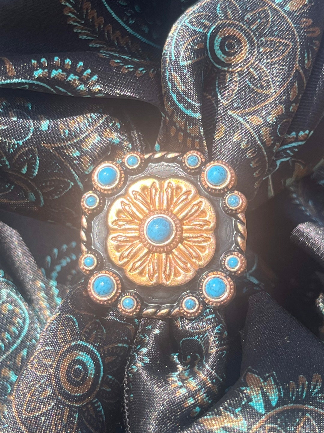 Wild Rag Scarf Slide With Flower Turquoise Black Copper - Etsy