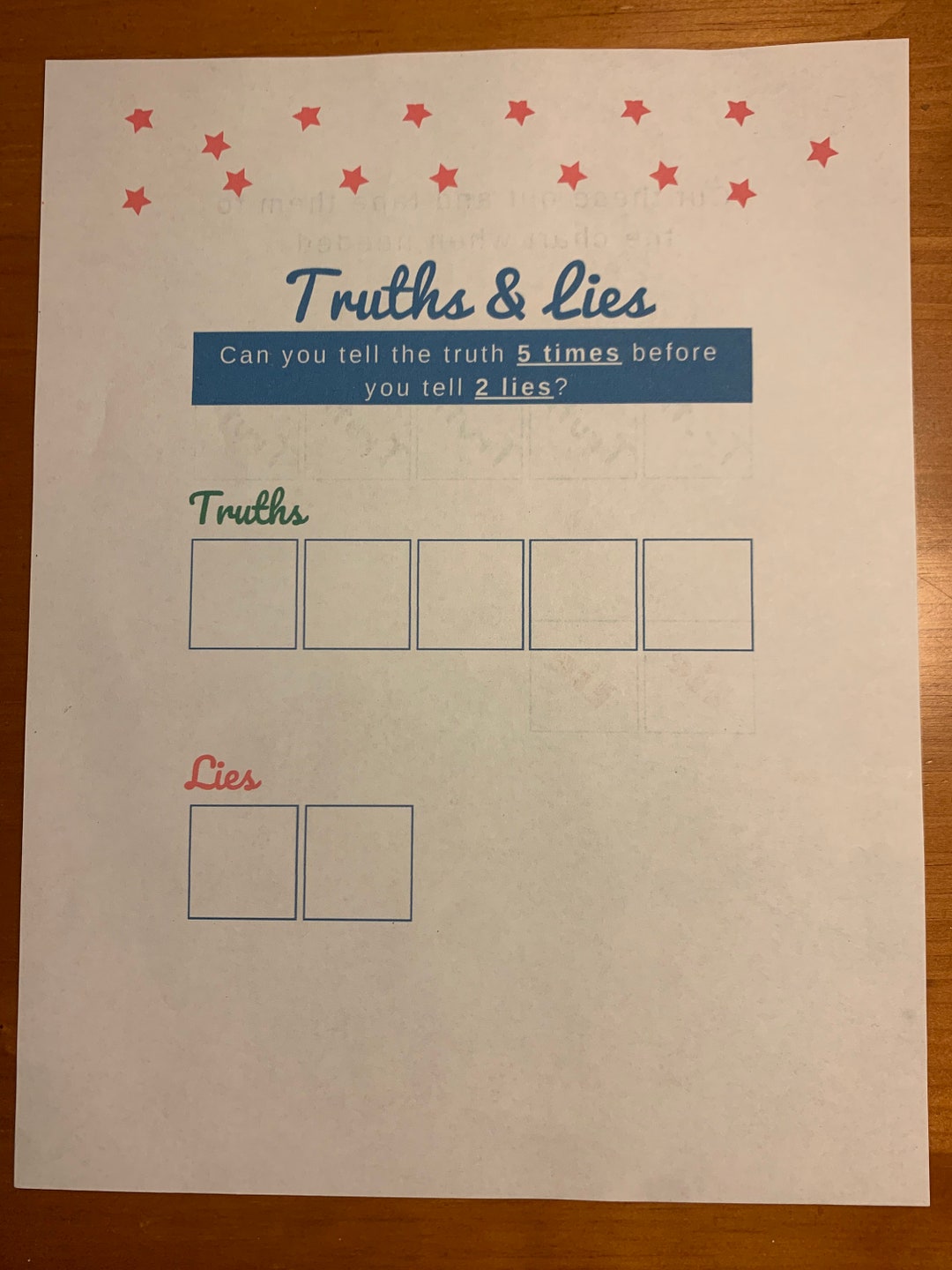 Truths and Lies Chart - 1 - Etsy