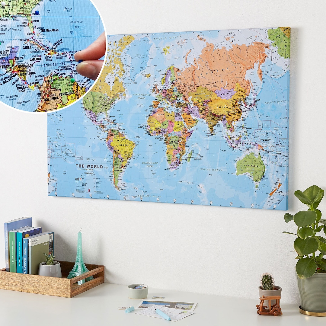 Push Pin World Map Canvas: Political Wall Art Decor - Etsy