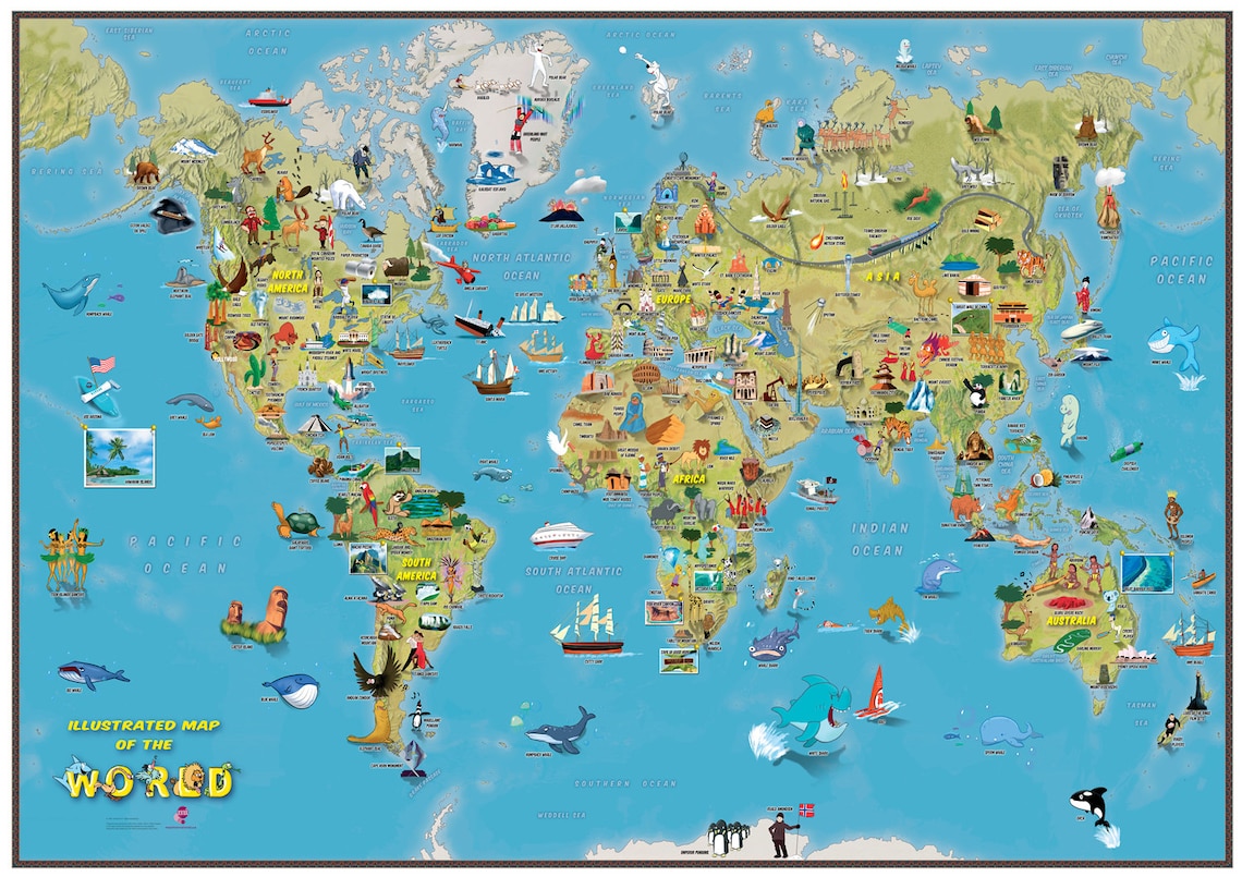 Kids Cartoon Map of the World - Silk Art Paper -- Home Decor, Kids ...