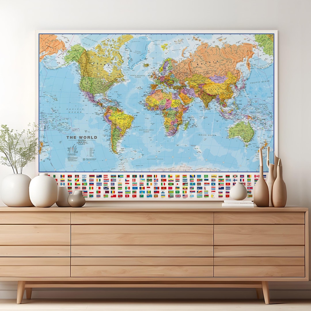 Political World Map Poster With Flags - Laminated Wall Hanging - Etsy