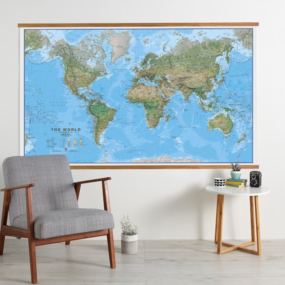 Huge Natural Terrain World Map Poster Wooden Hanging 48 X | Etsy
