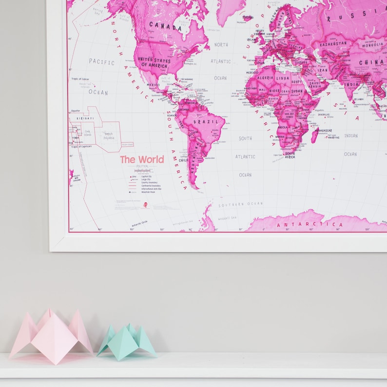Children's Art Map of the World - Pink - World Map Nursery, Home Decor ...