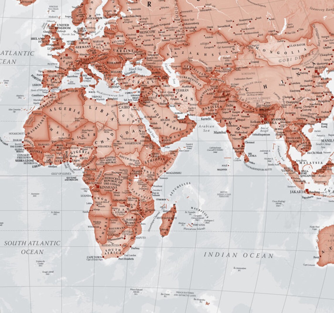 Red Map of the World Art Print Gift Large World Map Home | Etsy