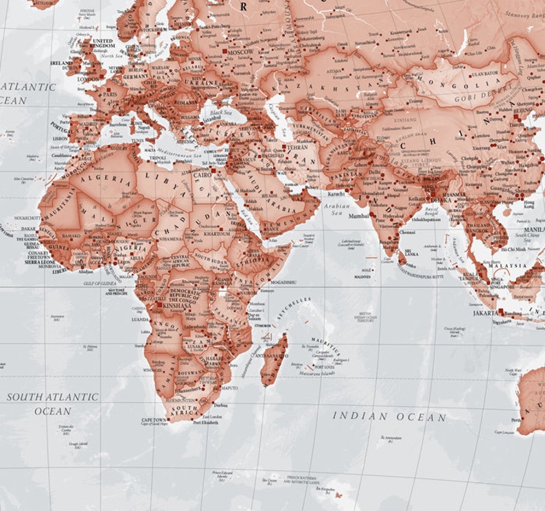 Red Map of the World Art Print Gift Large World Map Home - Etsy