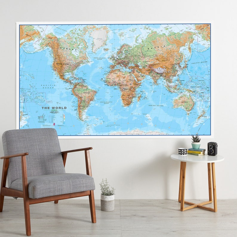Huge Physical Natural Terrain World Map Poster Wooden | Etsy