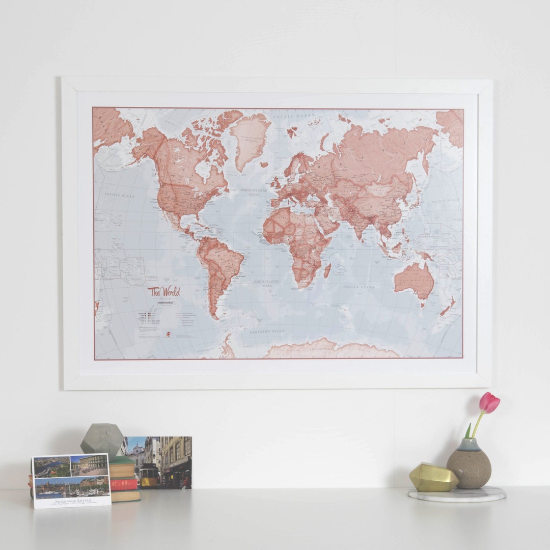 Red Map of the World Art Print - Gift, Large World Map, Home, Living ...