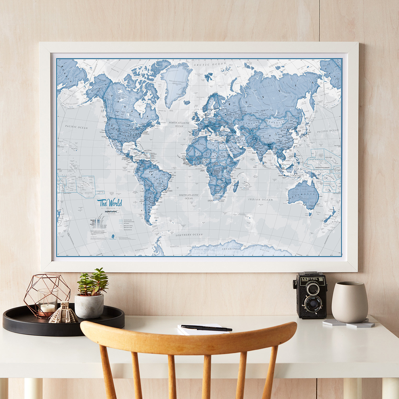 The World is Art Wall Map - Blue - Home Decor, Gift, Framed, Wall ...