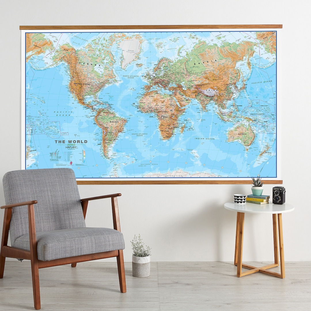 Huge Physical Natural Terrain World Map Poster - Wooden Hanging, 48 X ...