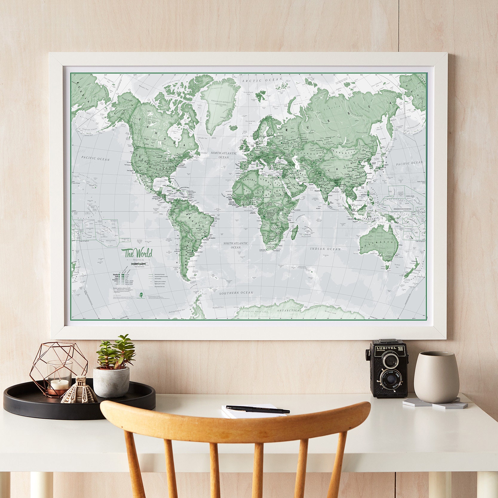 The World is Art Wall Map Green Home Decor Gift Framed | Etsy