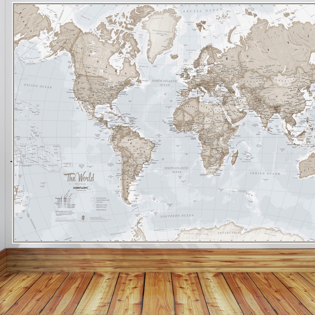 Giant World Map Mural - Neutral (mural) - Wall Decal, Map Wallpaper ...