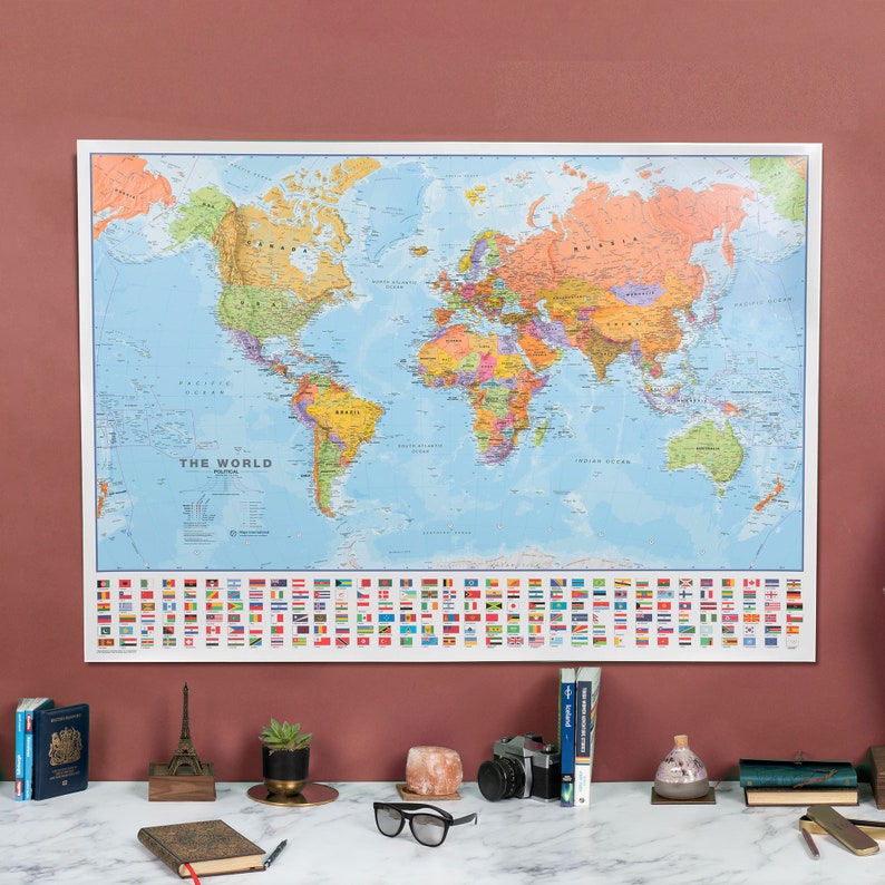 Political World Map With Flags Poster - Home, Wall Hanging, Push Pin ...