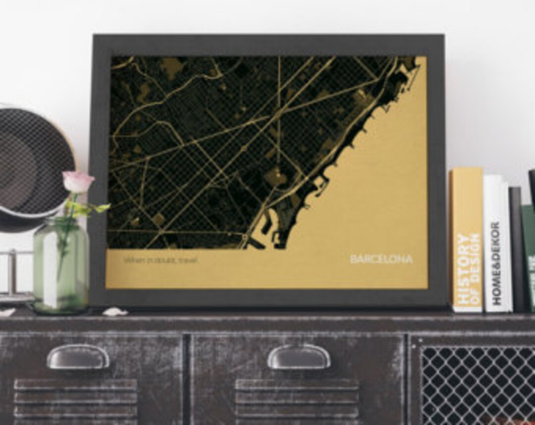 Framed Barcelona City Street Map Print - City, Print, Gift, Wall Décor ...