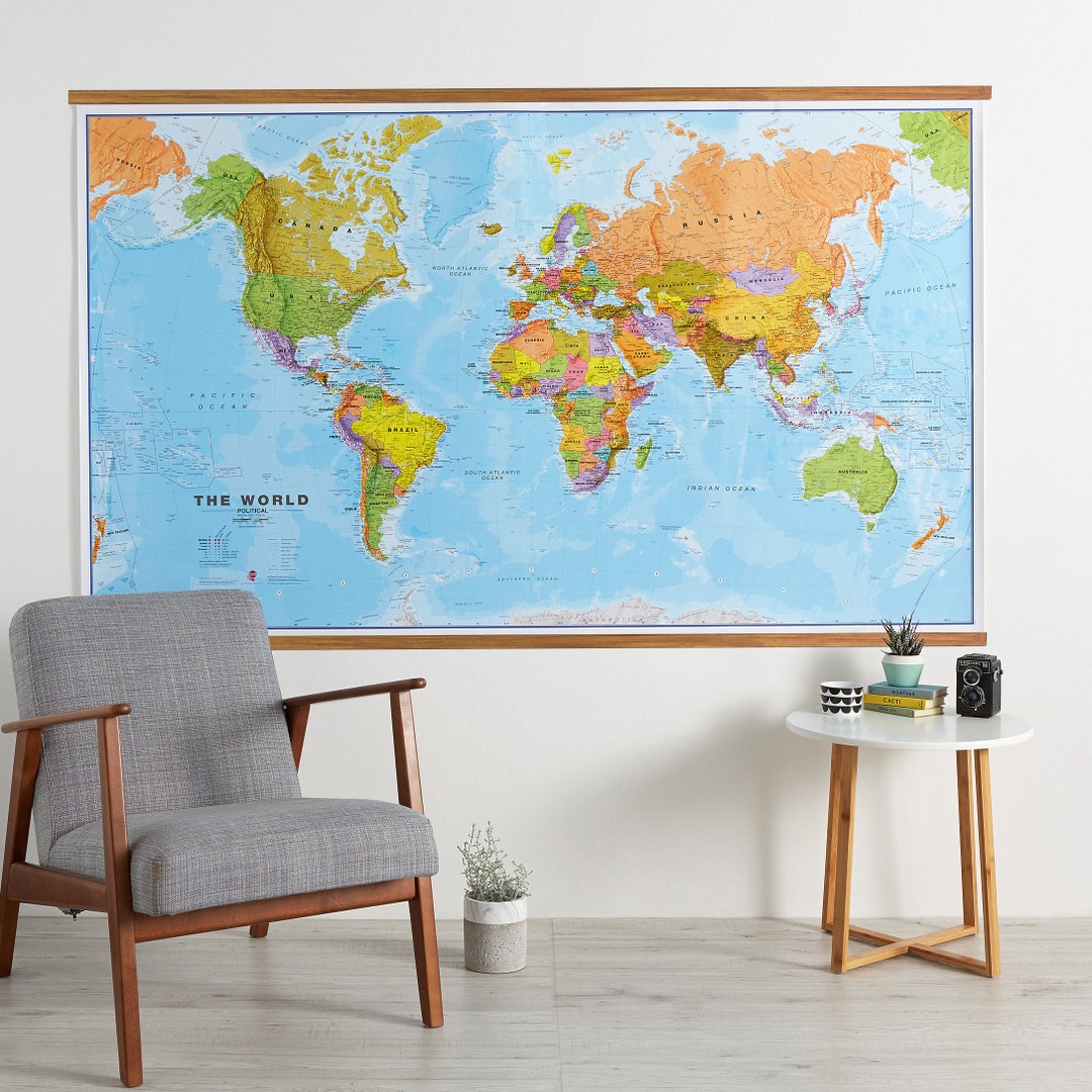 Huge Political World Map Poster Wooden Hanging, 46 X 80, Home Decor ...