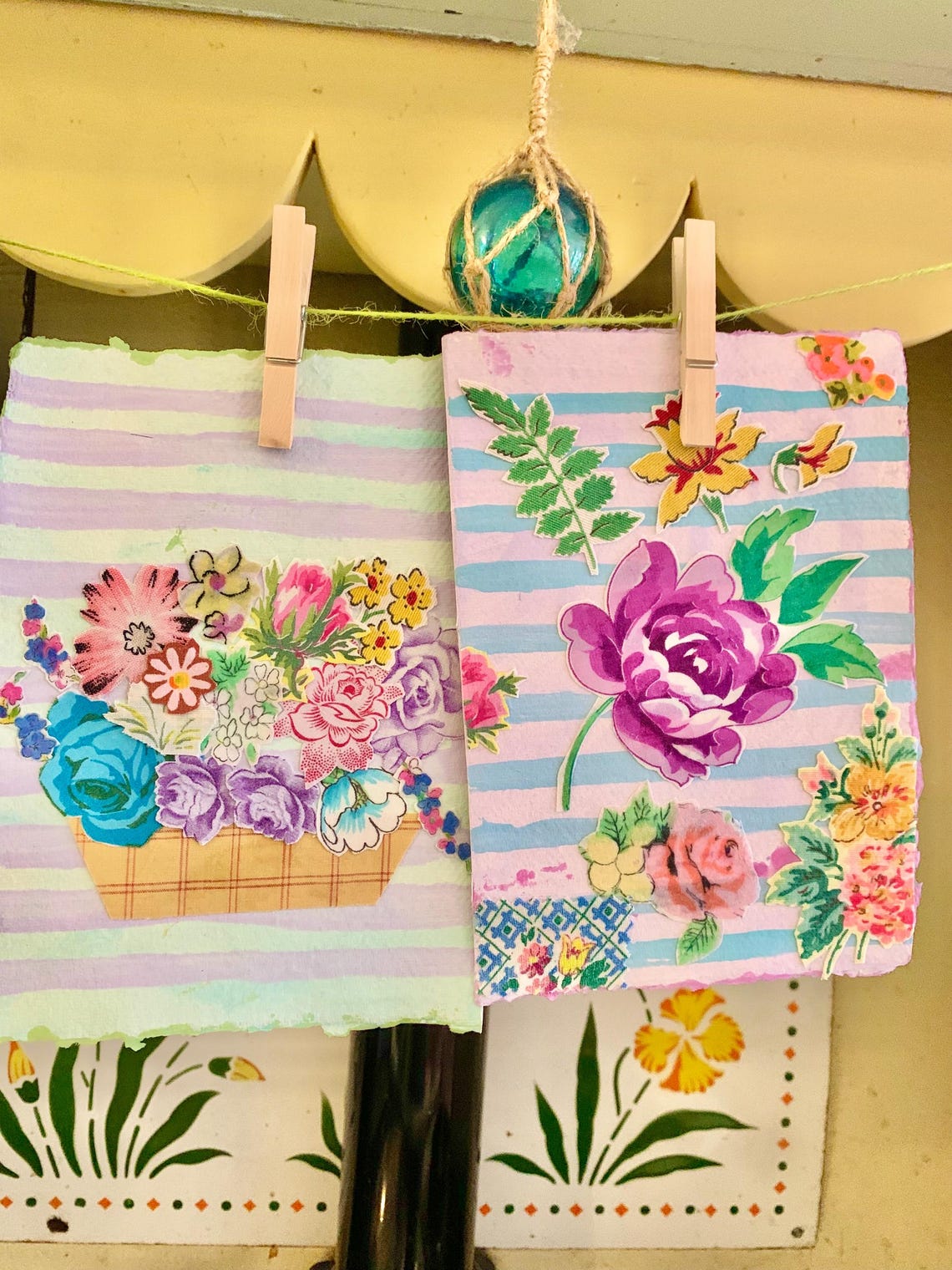 Vintage Textile Collage, Vintage Fabric Flowers, Handmade Picture ...