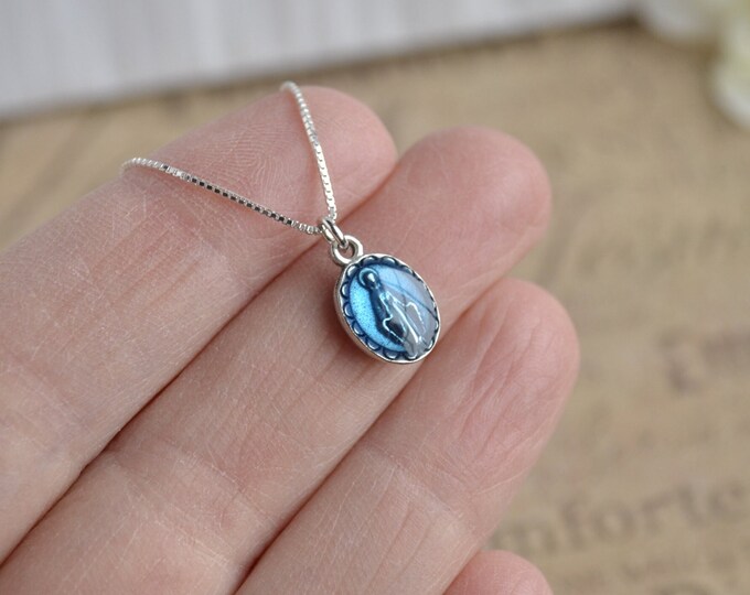 TINY MIRACULOUS MEDAL Necklace/extra Small Blue Miraculous Medal/catholic Necklace/catholic ...