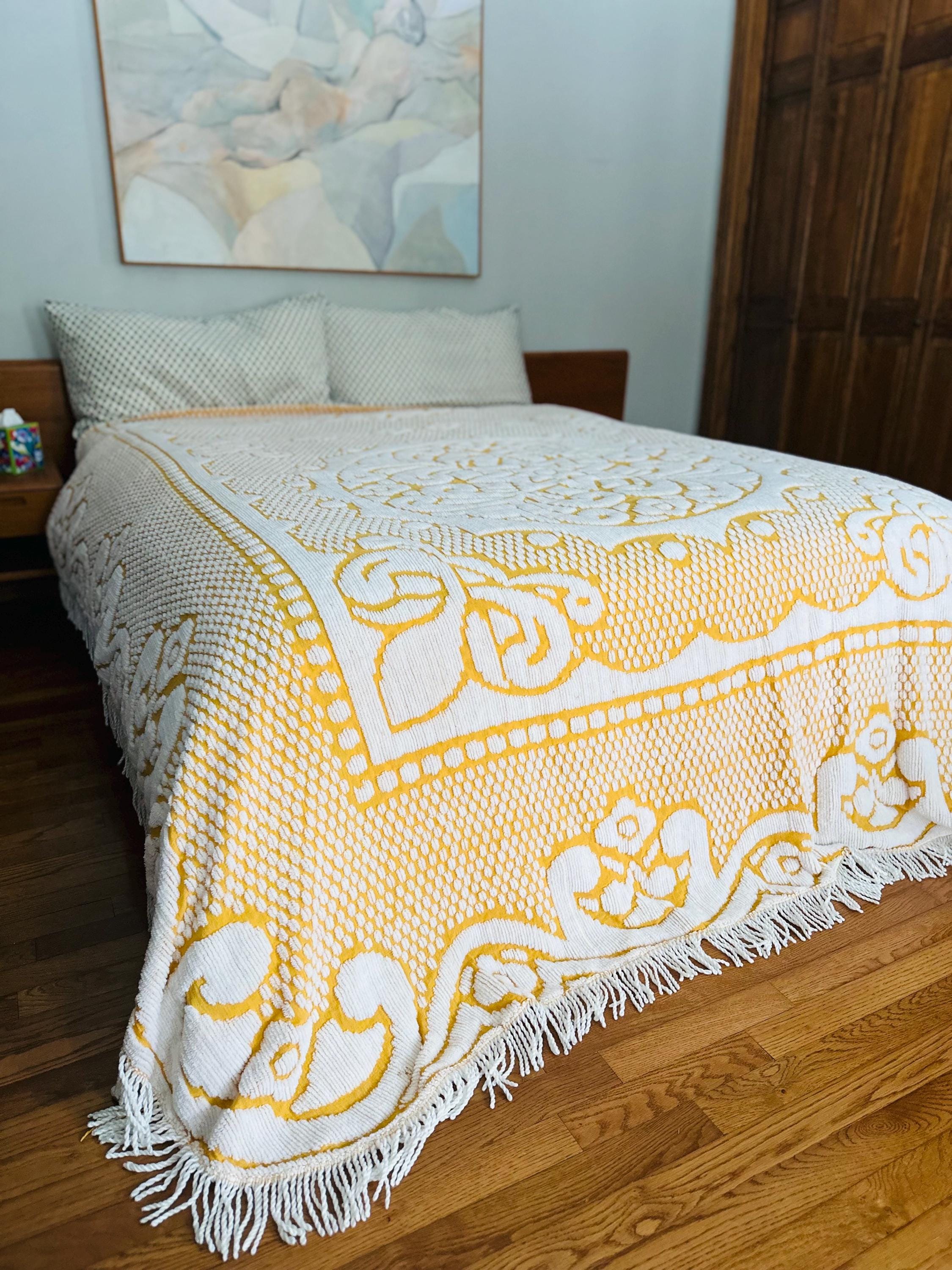Vintage Mustard Yellow Chenille Bedspread With Fringe MCM Blanket Retro ...