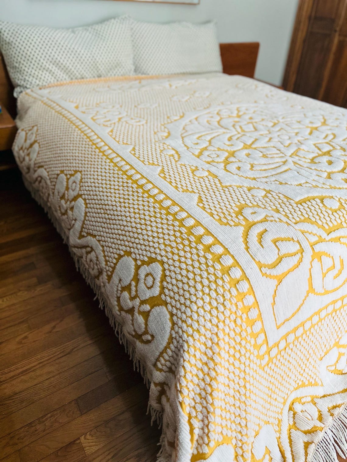 Vintage Mustard Yellow Chenille Bedspread With Fringe MCM Blanket Retro ...
