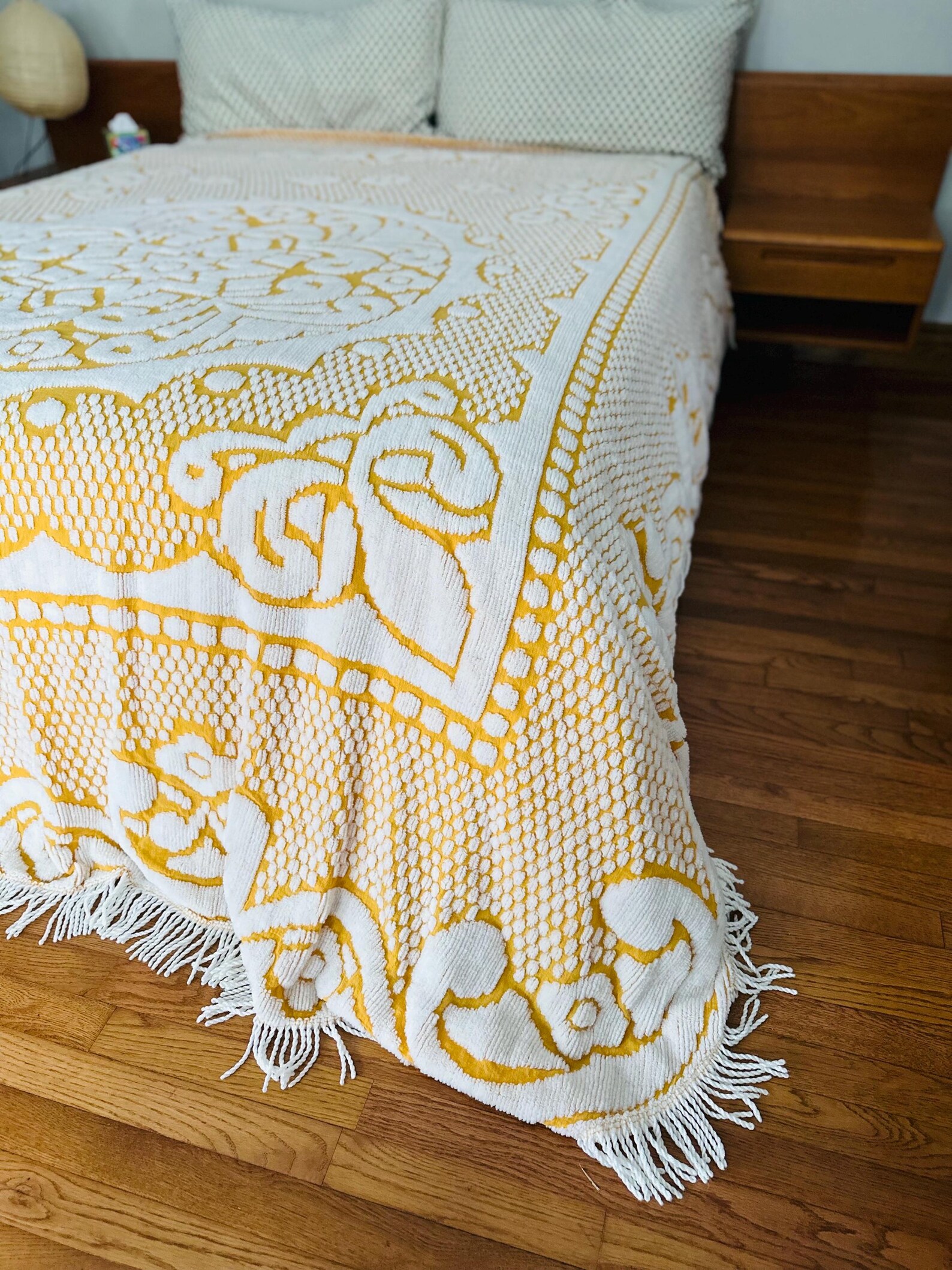 Vintage Mustard Yellow Chenille Bedspread With Fringe MCM Blanket Retro ...
