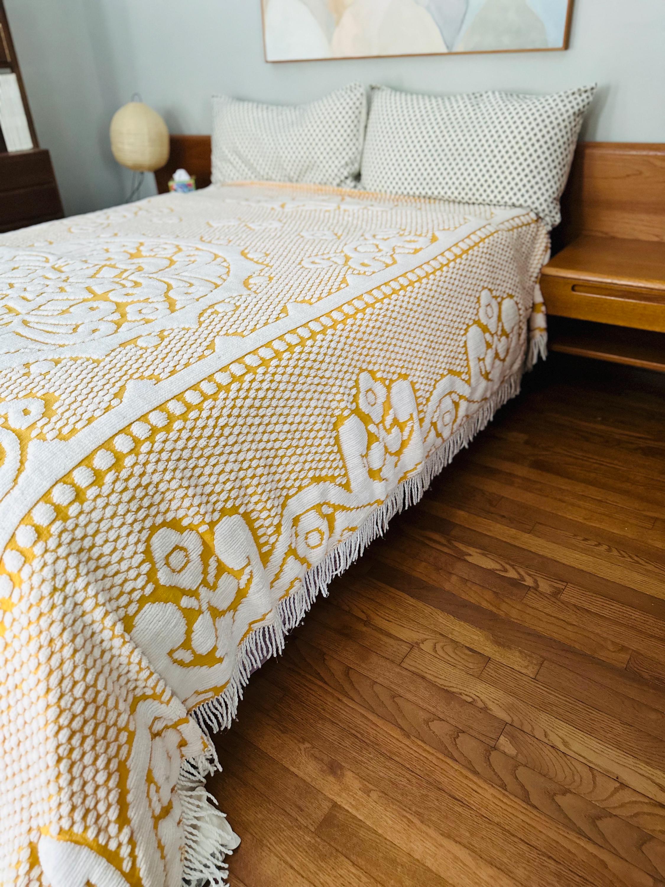 Vintage Mustard Yellow Chenille Bedspread With Fringe MCM Blanket Retro ...