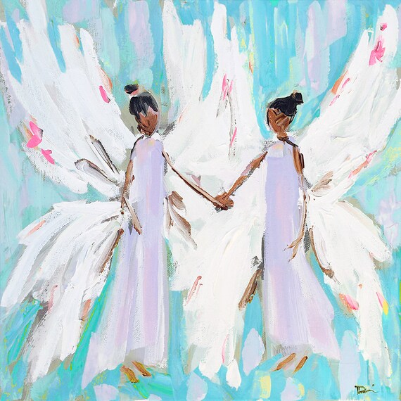 PRINT on Paper or Canvas guardian Angel on Blue | Etsy