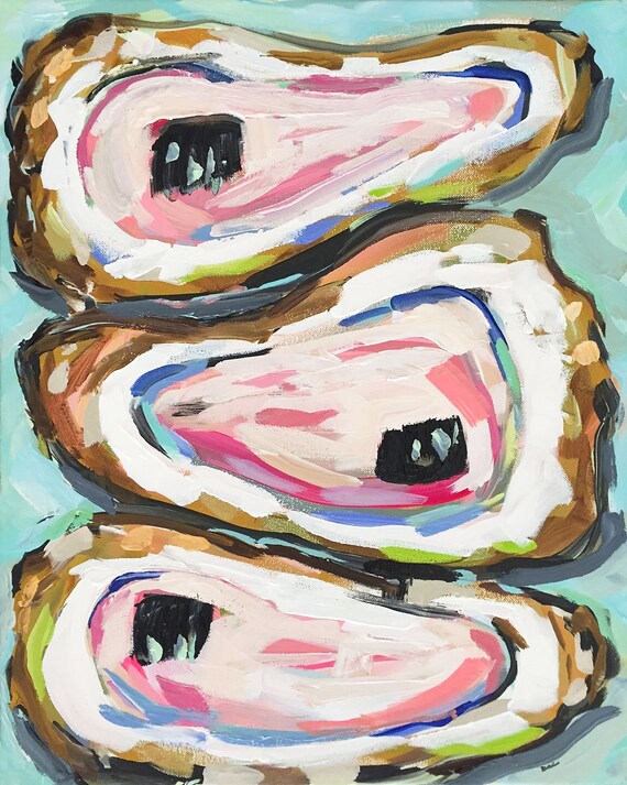 PRINT on Paper or Canvas oyster Shells on Aqua - Etsy
