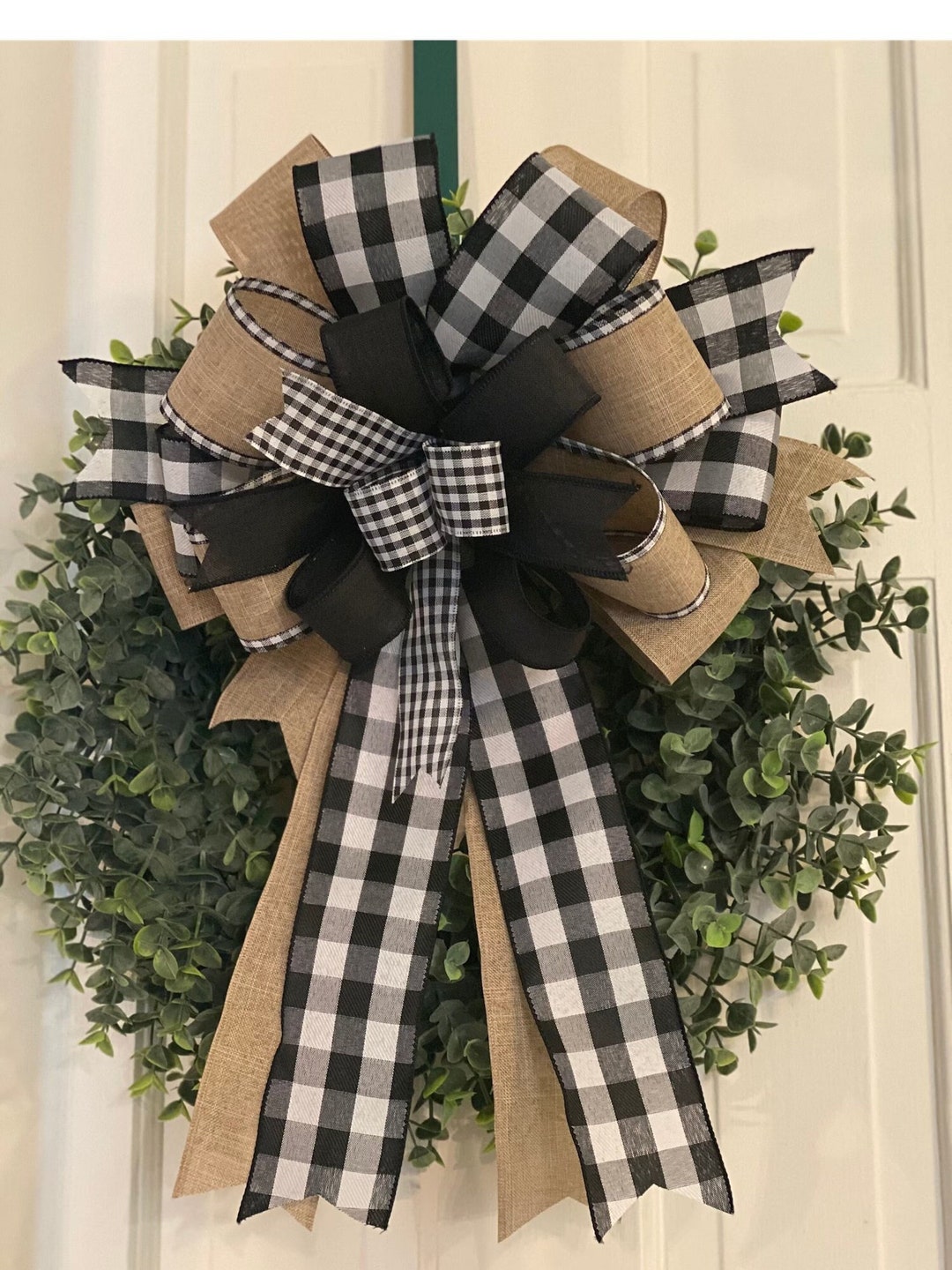 Farmhouse Check Bow, Vintage Burlap Ribbon Bow, Rustic Burlap Bow ...