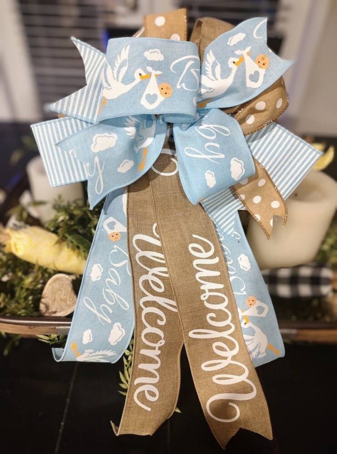 Welcome Baby Shower Bow, Linen Stork Decor - Etsy