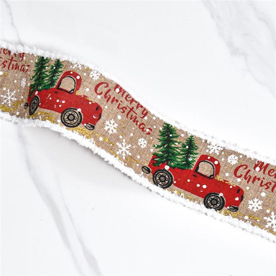Christmas Wired Ribbon, 2" Red Truck Ribbon Gold Glitter, Christmas ...