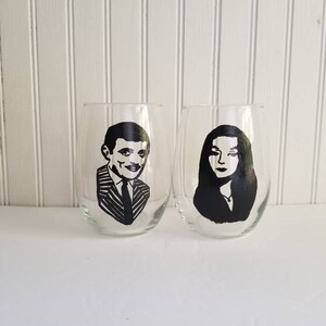 Stemless Wine Glass Halloween Wedding Glasses Hand Painted Addams ...