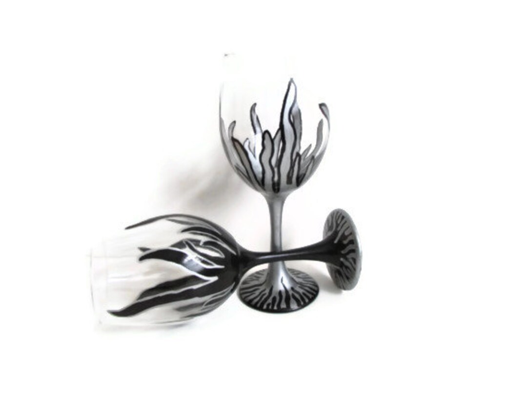 Hand Painted Wine Glasses Black and Chrome Set of Two Black and Silver ...