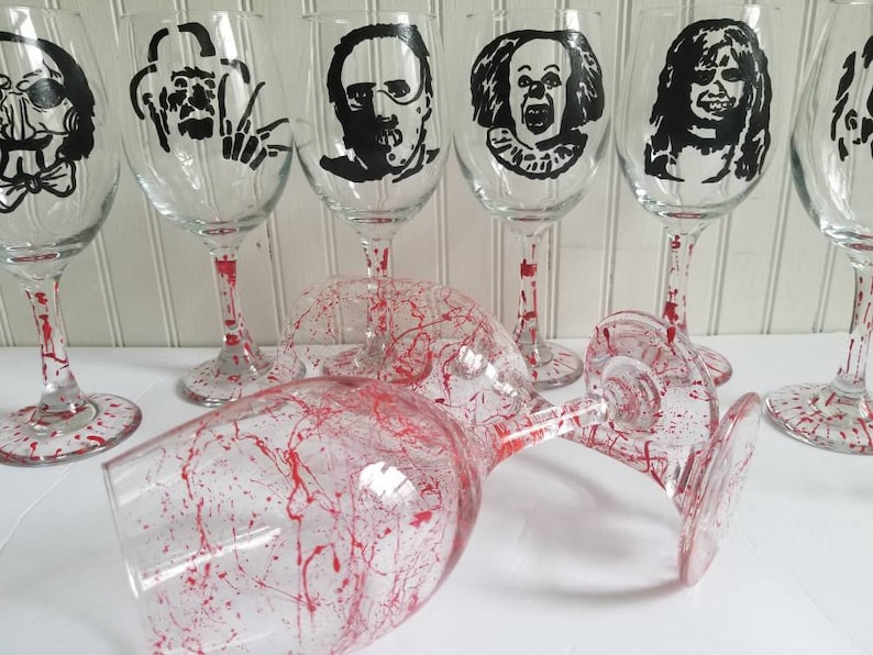 Halloween wine glass blood splatter wine glass horror movie | Etsy