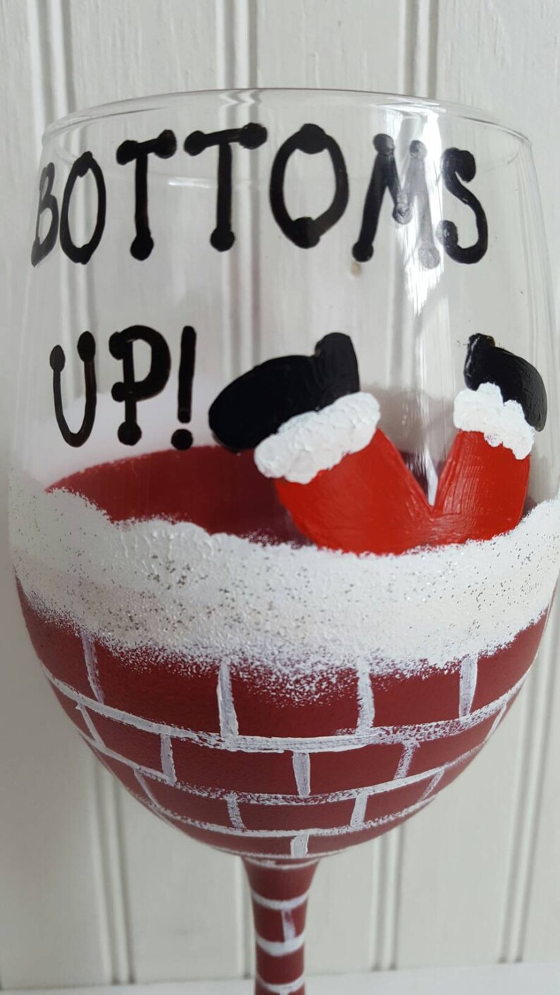 Hand Painted Wine Glass Christmas Wine Glass Santa Bottoms up - Etsy