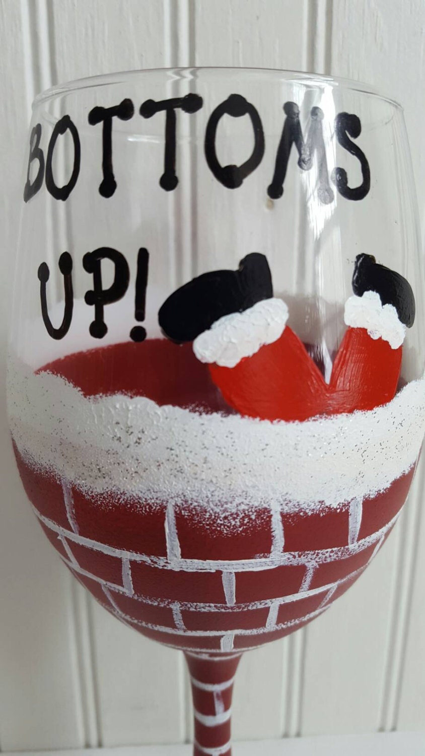 Hand Painted Wine Glass Christmas Wine Glass Santa Bottoms up - Etsy