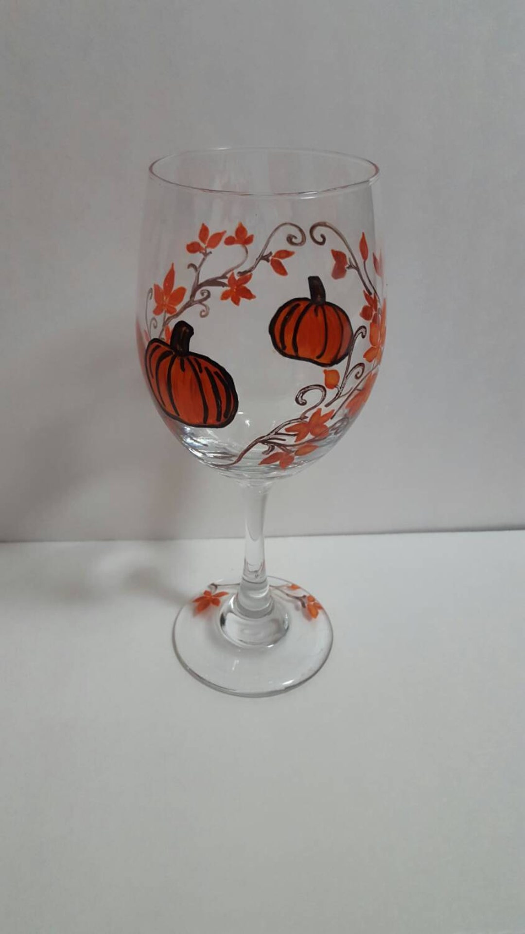 Hand Painted Wine Glass Fall Wine Glass Leaves Pumpkins Thanksgiving ...