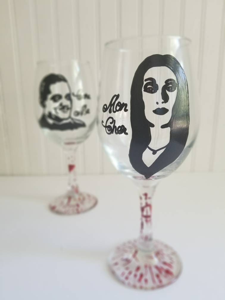 Halloween Wedding Glasses Hand Painted Addams Family Gomez and Morticia ...