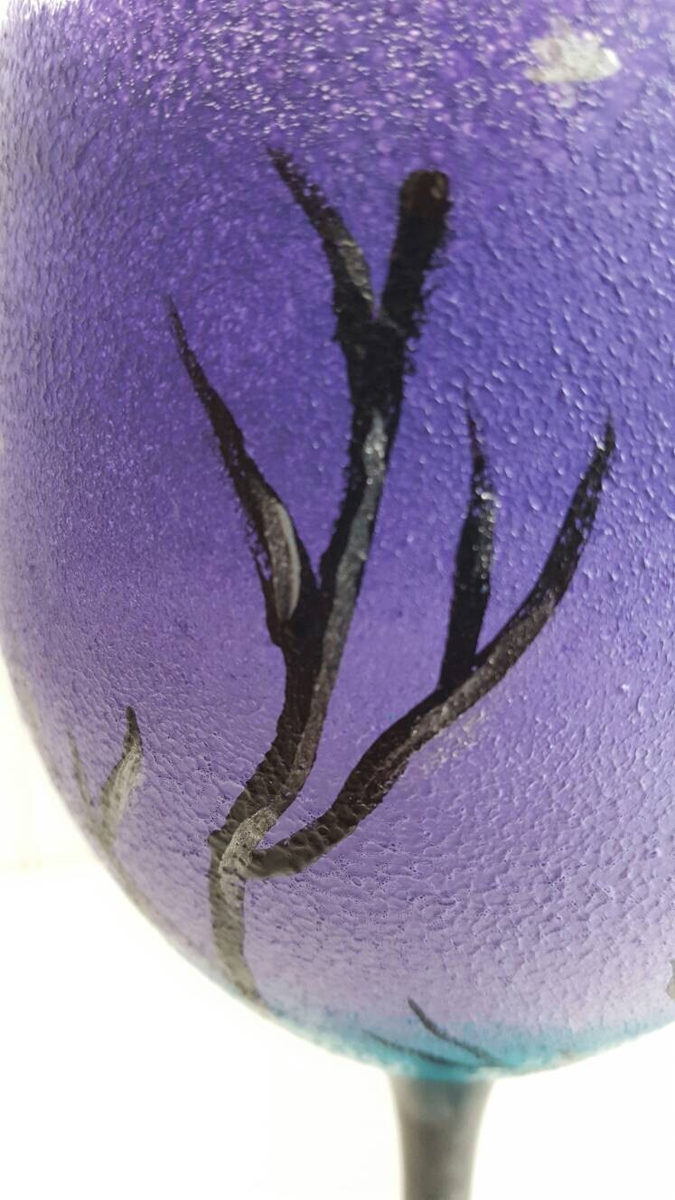 Hand painted wine glass custom painted glass sunset purple | Etsy