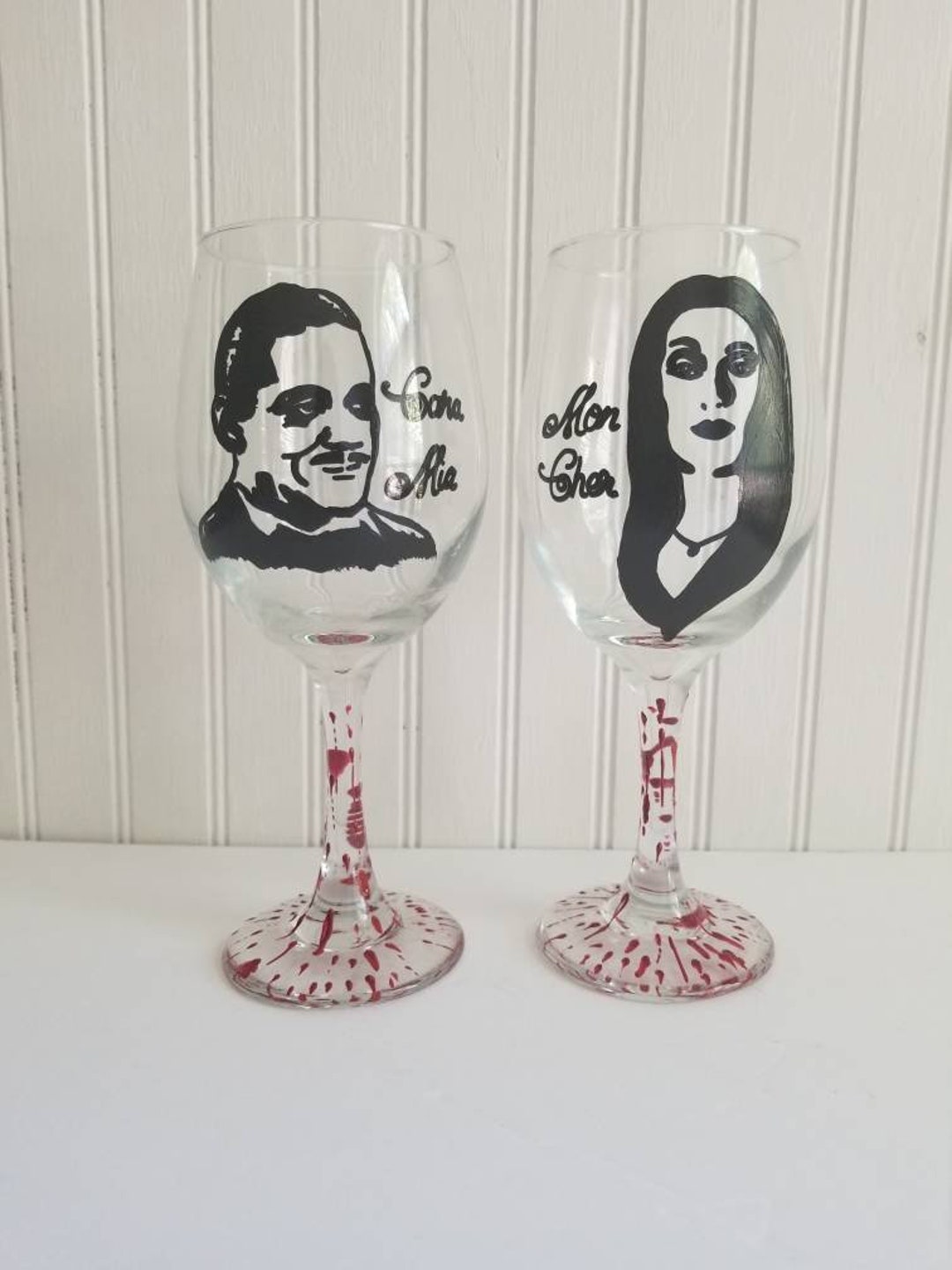 Halloween Wedding Glasses Hand Painted Addams Family Gomez and Morticia ...