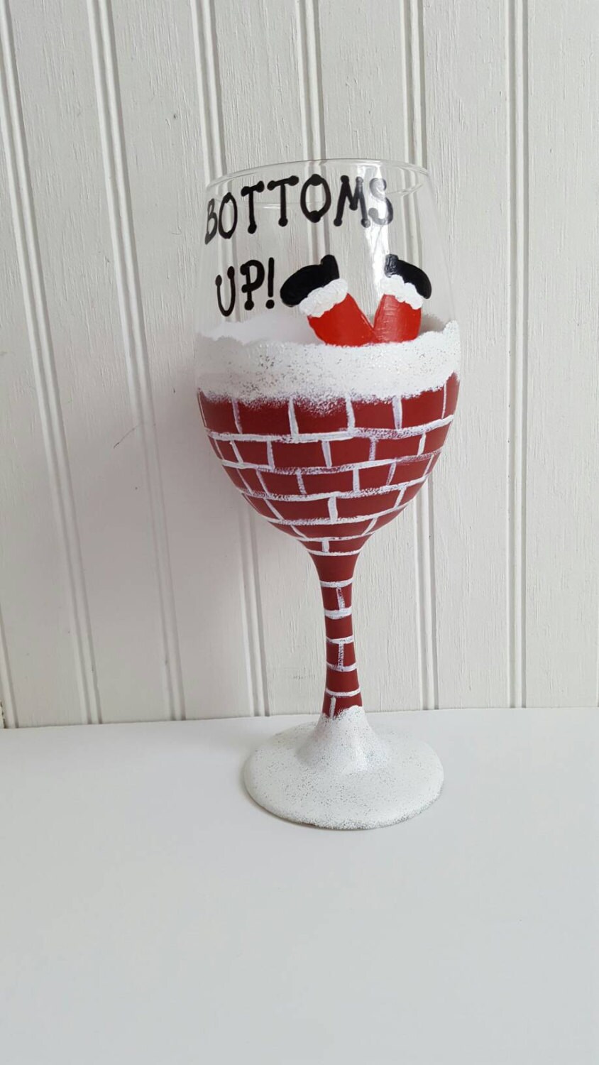 Hand Painted Wine Glass Christmas Wine Glass Santa Bottoms up | Etsy