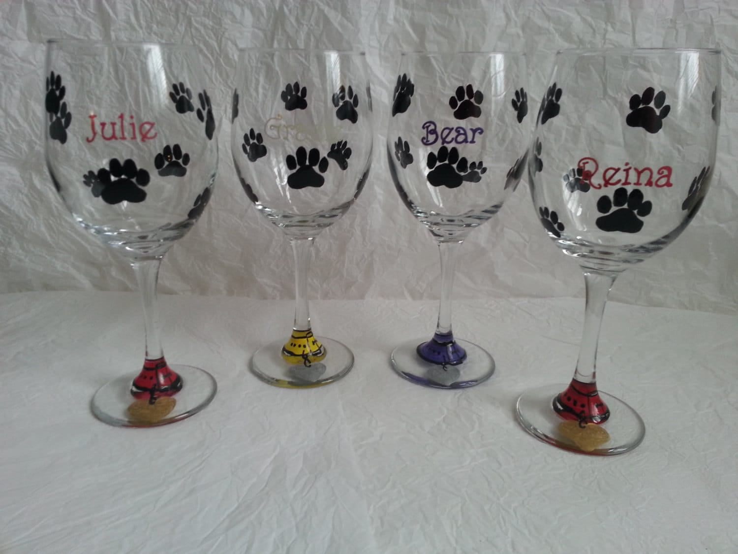 Painted Wine Glass Puppy Print Wine Glass, Dog Glass Animal Print Paw ...