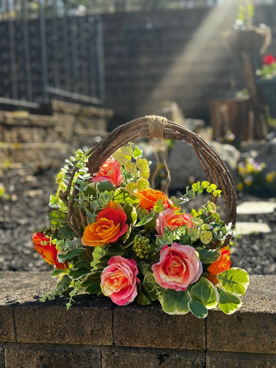 Rustic Roses Flowers Arrangement, Everyday Rustic Centerpiece, Fern and ...