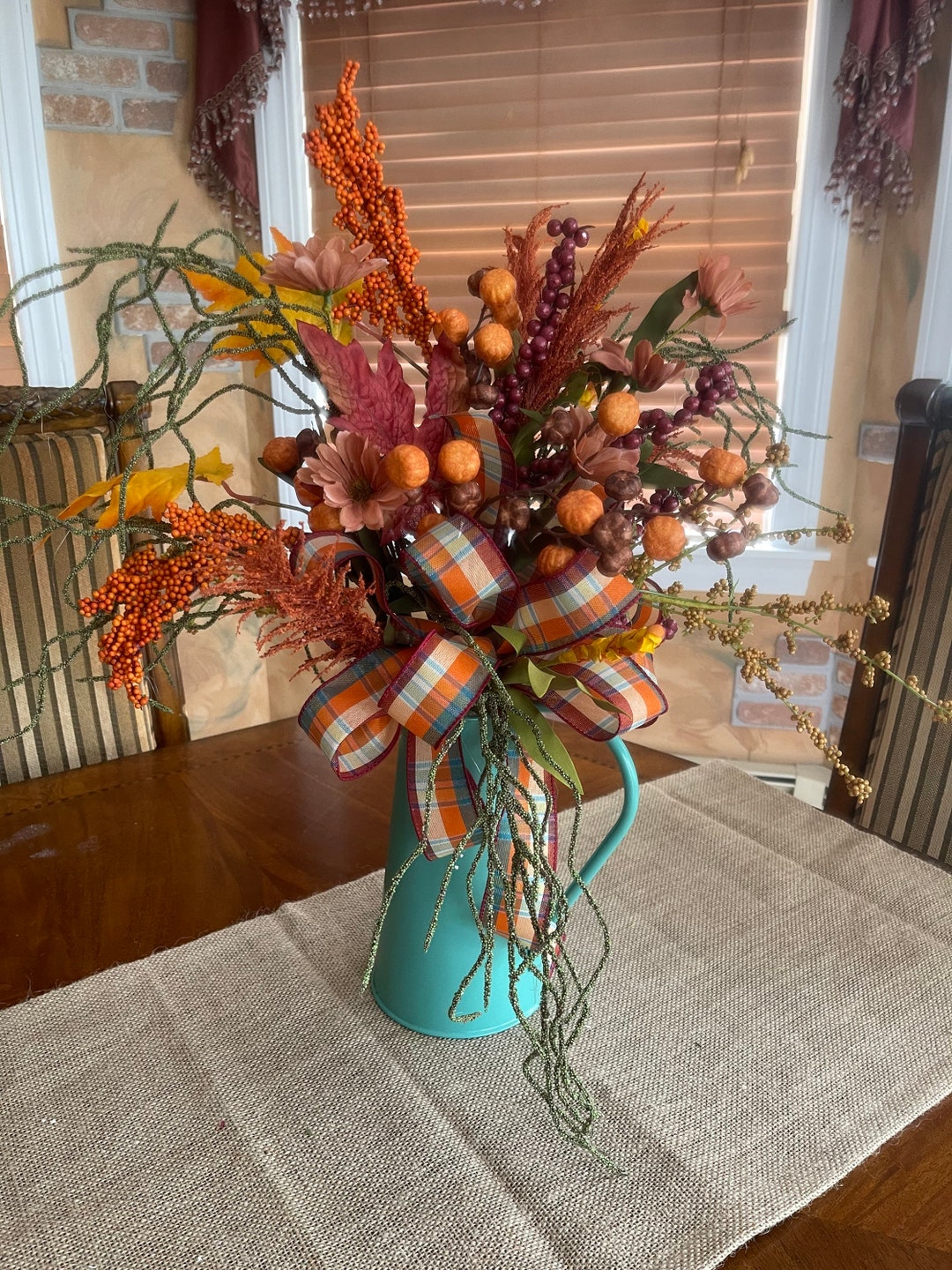 Fall Flowers and Pumpkins Tabletop Centerpiece, Watering Can Pumpkin ...