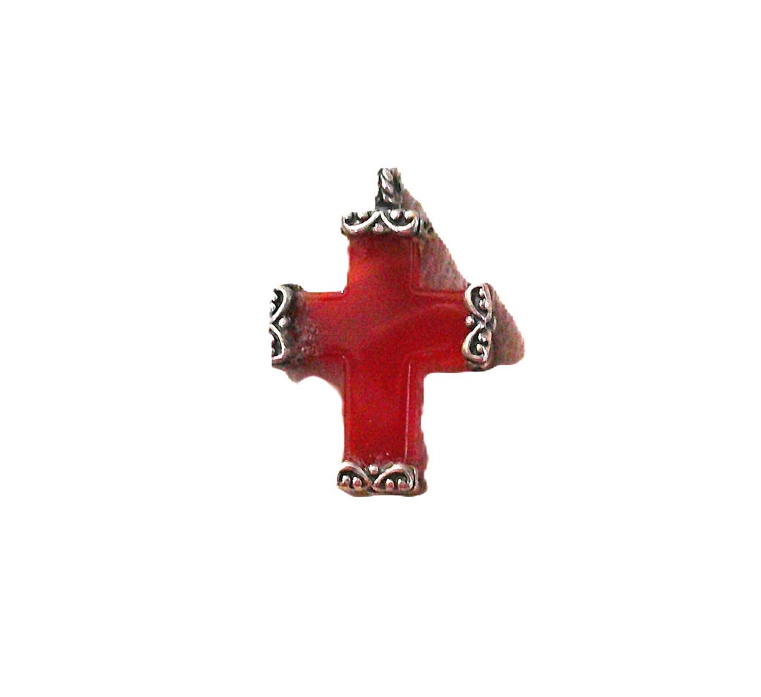 Red Coral Cross Necklace With Southwestern Style Silver Imprinted Ends ...