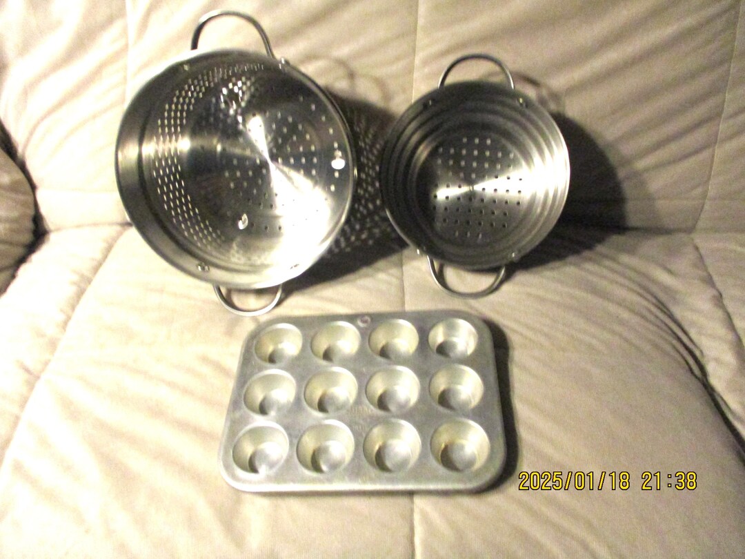 2 New '97 Stainless Steel Colanders 70s Used Mirro Aluminum Mini Muffin ...