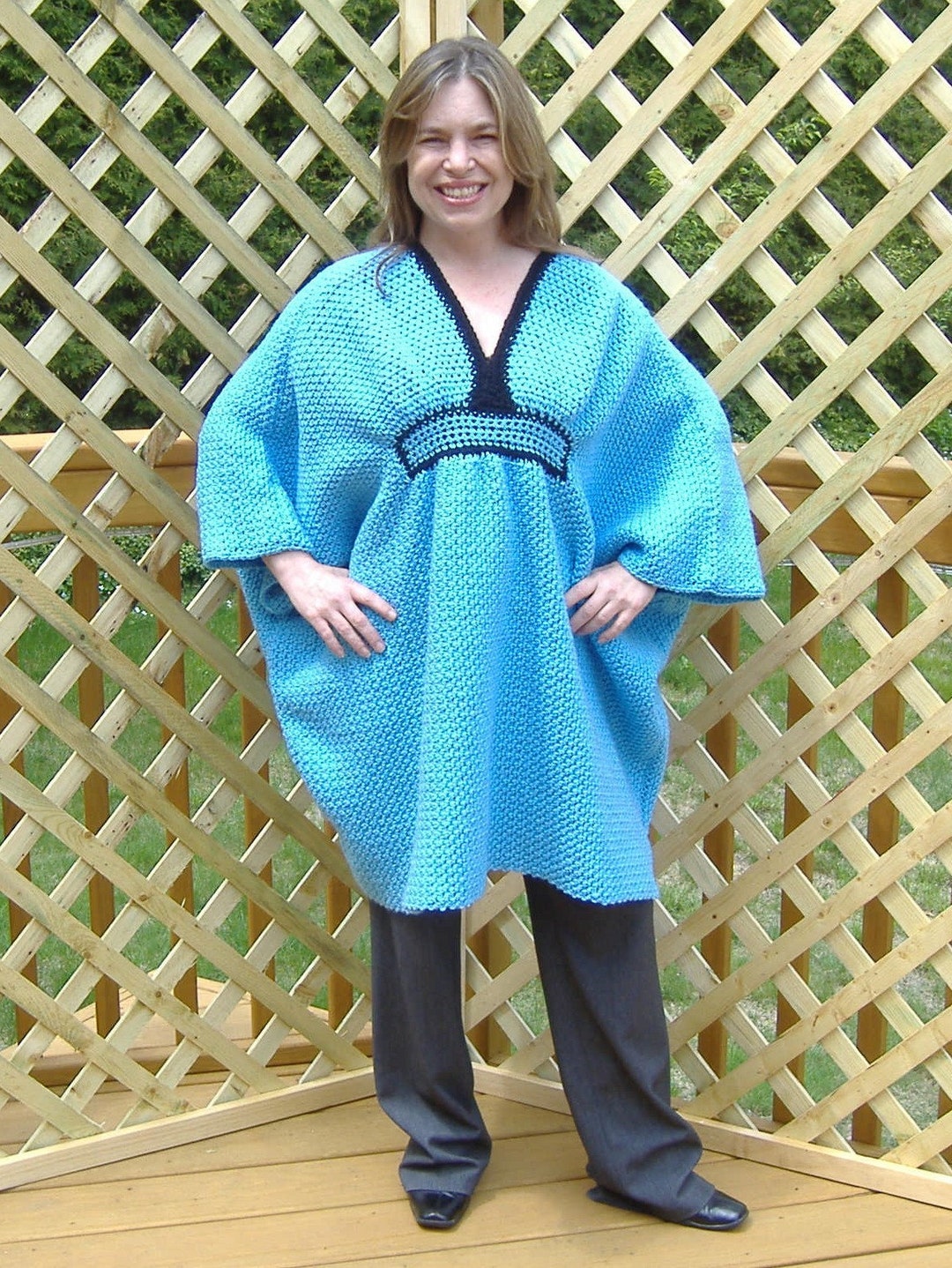 NEVER WORN MODEL Blue Knee Length Caftan W Black Trim, Underside Ties ...