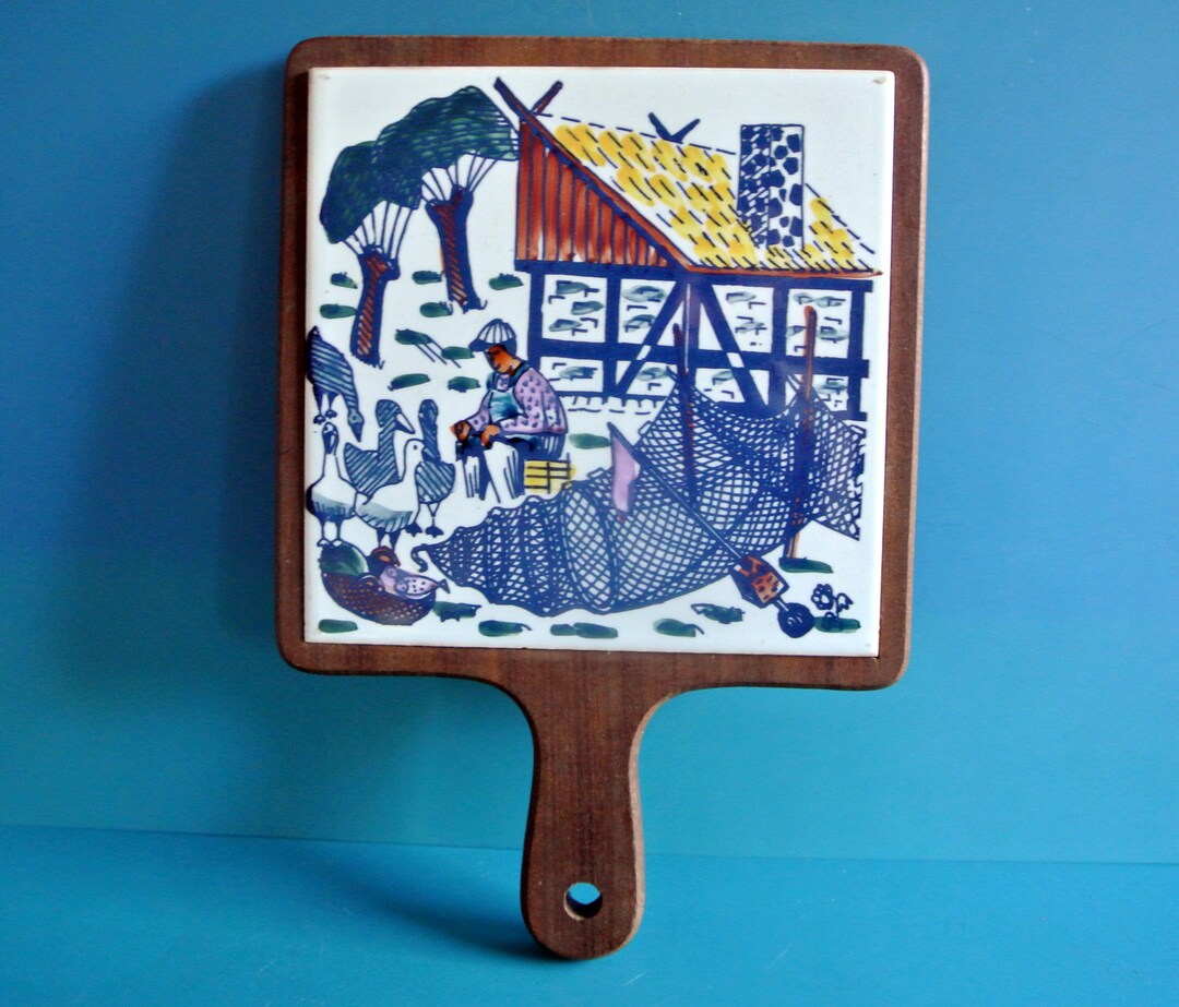 Vintage Swedish Ceramic Teak Hot Pot Underlay: Handpainted Fisherman ...