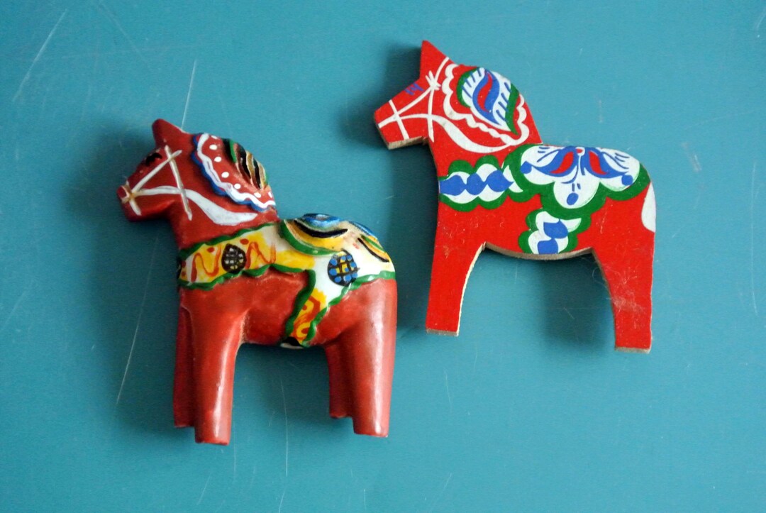 Vintage Swedish Dala Horse Magnets: Handpainted Wood Refrigerator Decor ...