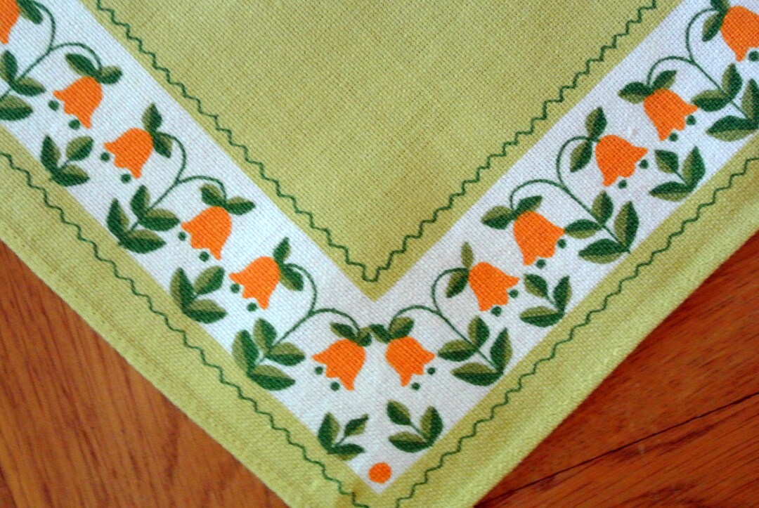 Vintage Swedish Cotton Tablecloth: 1970s Floral Print, Yellow & Green ...