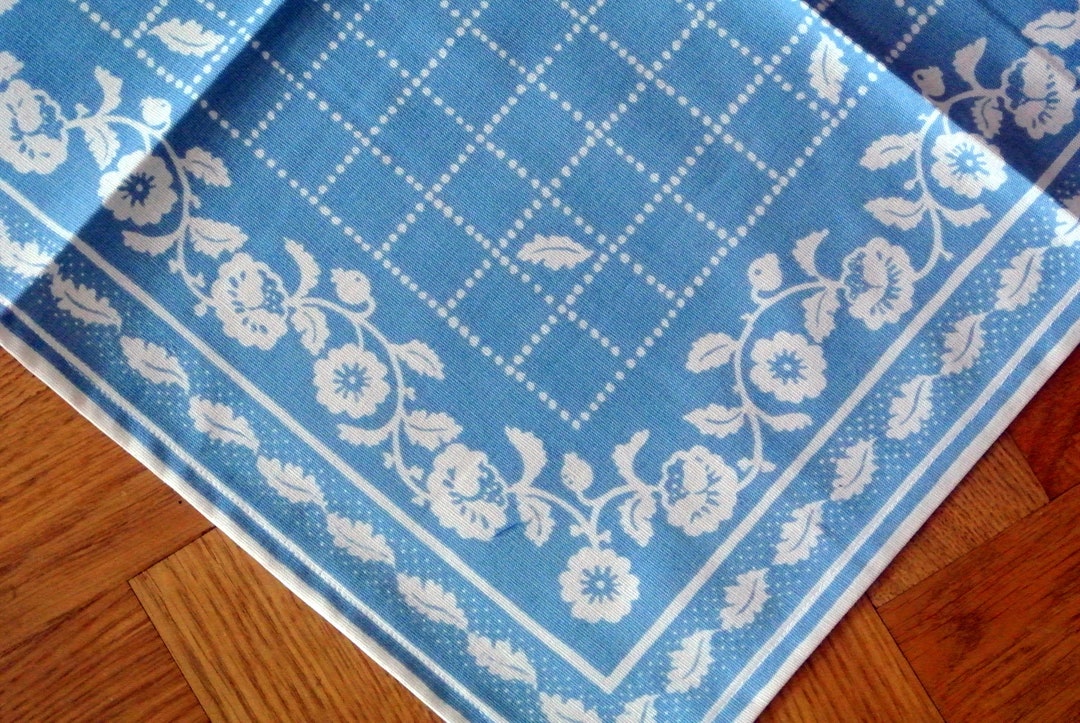 Vintage Swedish Linen Tablecloth: 1970s Blue Floral Print (22x20.5 ...