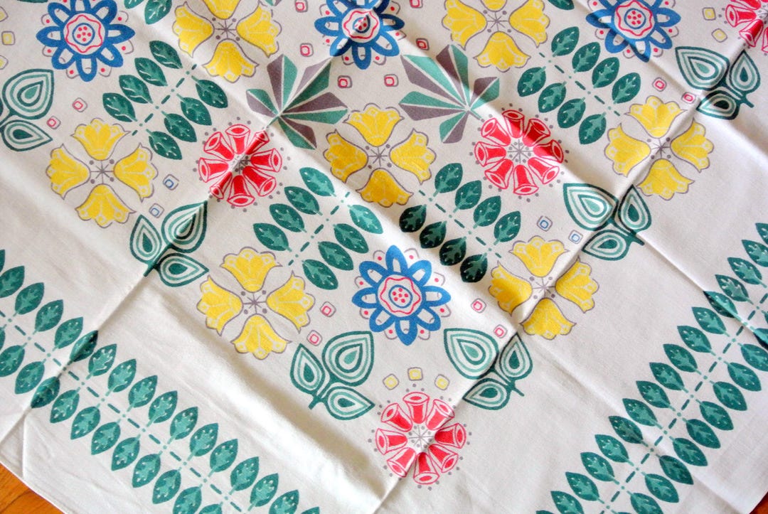 LARGE Swedish Vintage 1940s Square Printed White Cotton Design ...